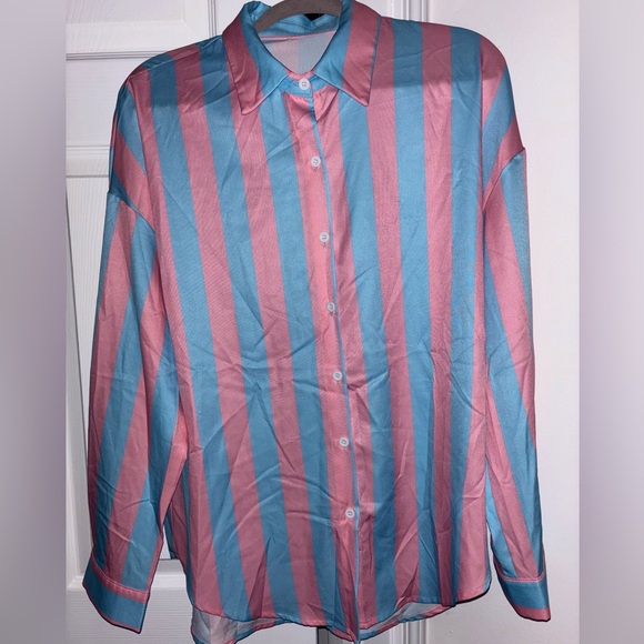 SHEIN | Tops | 628striped Blue And Pink Button Down Shirt | Poshmark